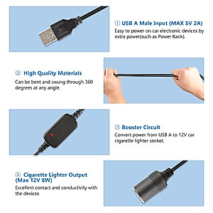 BXIZXD 2-Pack USB A Male to 12V Car Cigarette Lighter Socket Female Converter Cable, Suit for Driving Recorder, Dash Cam and Other Automotive Electronics (8W Max) - 1.2ft
