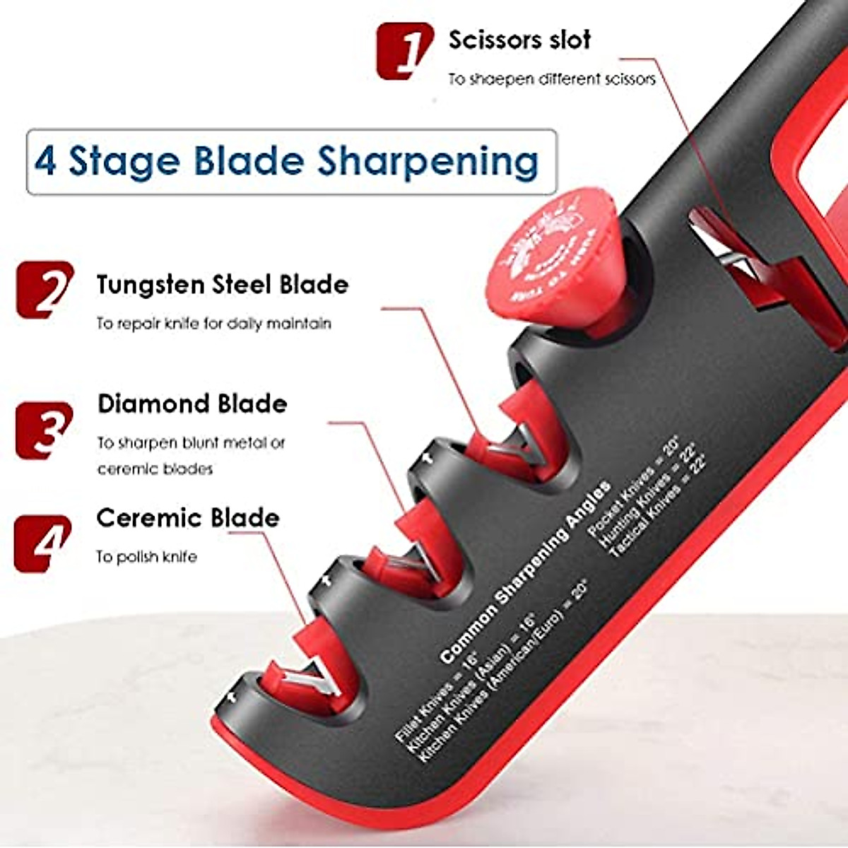 4 in 1 Manual Knife Sharpener for Kitchen Knives & Scissors - Adjustable Sharpening Tool with Tungsten Steel Diamond Ceramic Slot Helps Restore Knife or Shears Blades Women's Day Presents