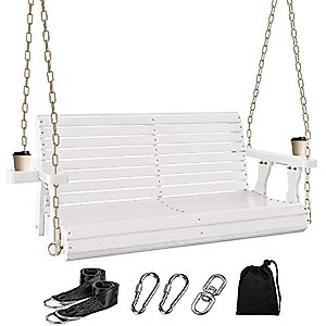 4FT Wooden Porch Swing w/Cupholders,Heavy Duty 800LBS Outdoor Swing Bench w/Chains,Patio Roll Back Swing Chair Bench,Front Porch 2-Person Hanging Bench,for Garden Courtyard Lawn & Balcony Backyard