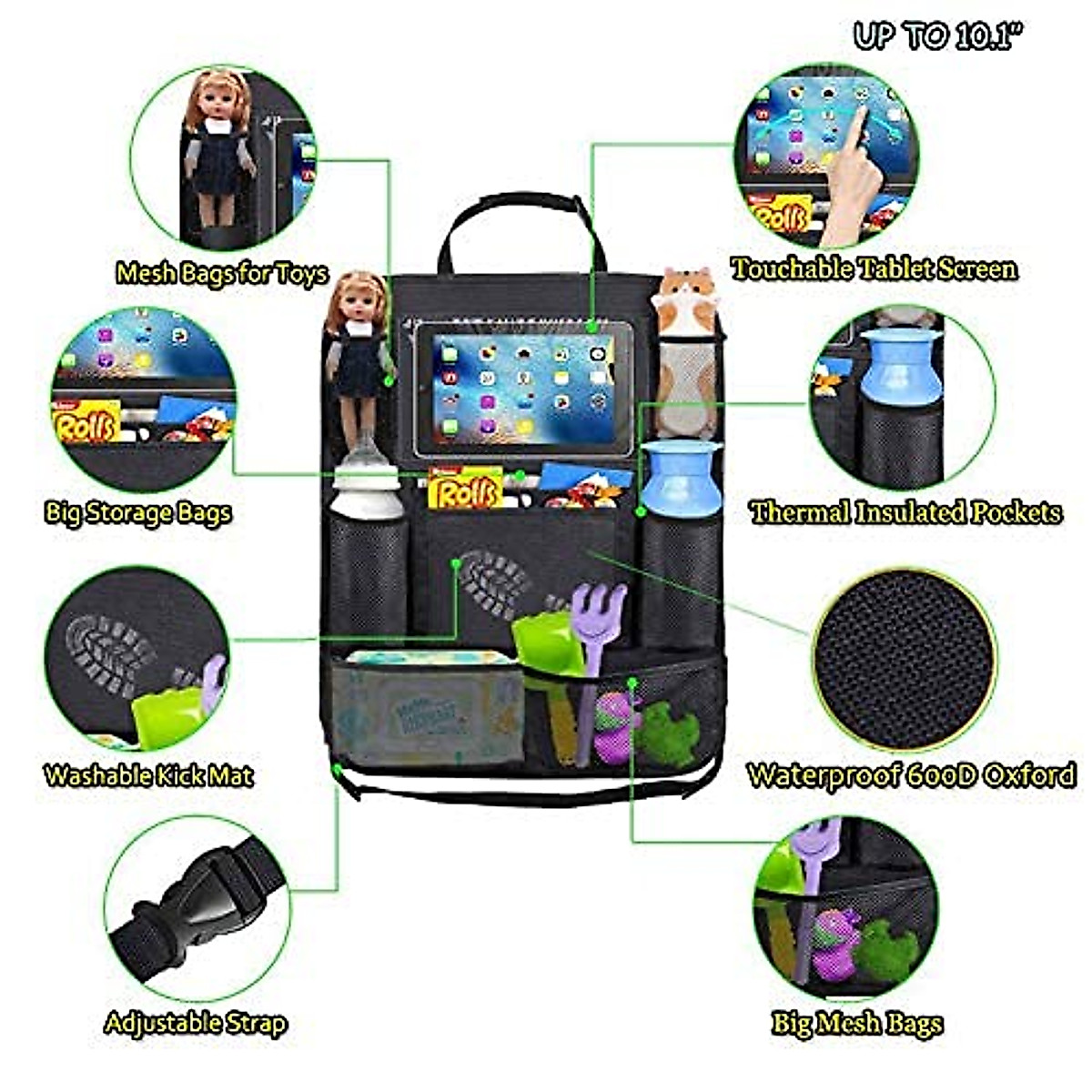 FEimaX Car Backseat Organizer Waterproof Kids Seat Back Kick Mat Protector with Touch Screen iPad Tablet Holder & 9 Storage Pockets Car Organizers for Family Trip Toy Bottle Snacks Books