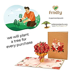 Frndly by Paper Love Pop Up Card, 3D Bouquet of Roses, Handcrafted - 100% Recycled and Eco-Friendly, 8" x 6" Cover - with Removable Note Tag