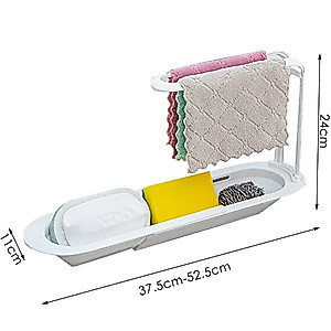 LIFOND Kitchen Sink Caddy Telescopic Sink Tidy Storage Rack Expandable Sink Caddy Organizer with Towel Bar Under Sink Organiser Adjustable Sponge Holder Brush for Kitchen Bathroom,White