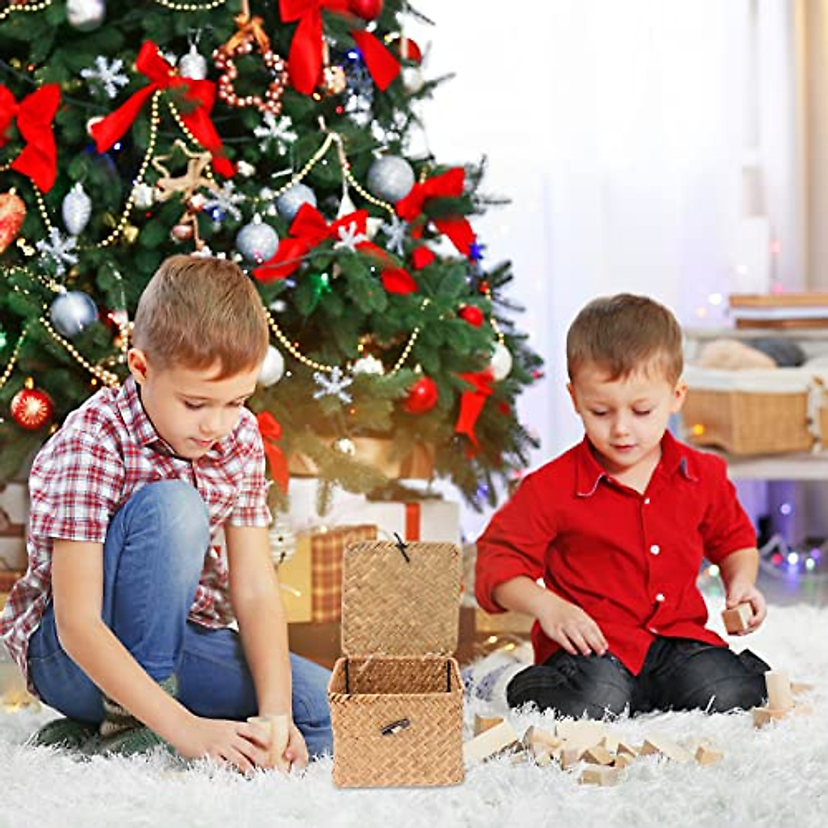 IMIKEYA Seaweed Baskets with Lids: Woven Baskets Seagrass Storage Woven Basket Straw Rattan Storage Basket Hand-Woven Storage Basket Bin Container Organizer for Shelf Desktop 4 inch