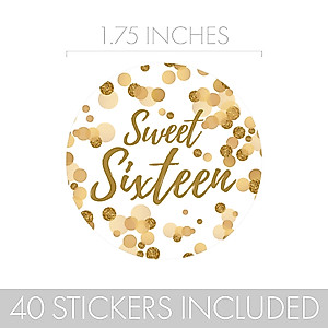 White and Gold Sweet 16 Birthday Stickers, Happy 16th Birthday Party Favor Labels, Sweet Sixteen - 40 Count