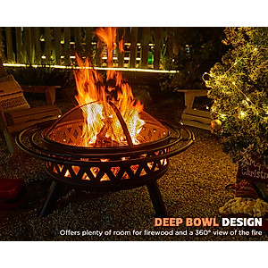 fissfire 35 Inch Fire Pit, Outdoor Wood Burning Fire Pit Crossweave with Spark Screen Fire Poker with 2 Loops, for Backyard Patio Garden Bonfire, Black