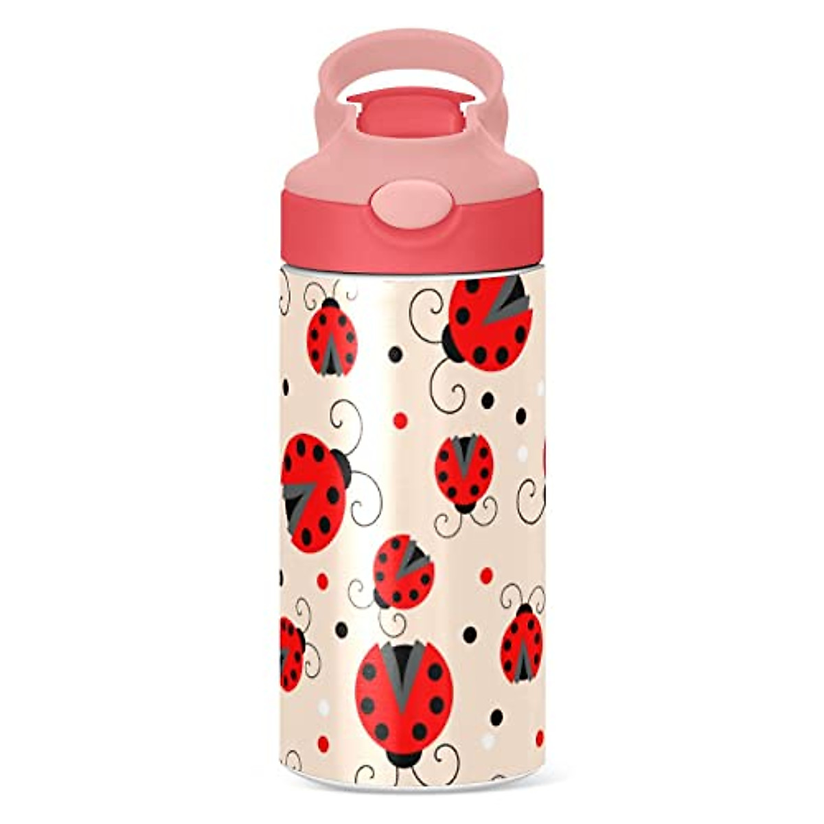 ALAZA Cute Ladybug Polka Dot on Pink Kids Water Bottles with Lids Straw Insulated Stainless Steel Water Bottles Double Walled Leakproof Tumbler Travel Cup for Girls Boys Toddlers 12 oz,Pink