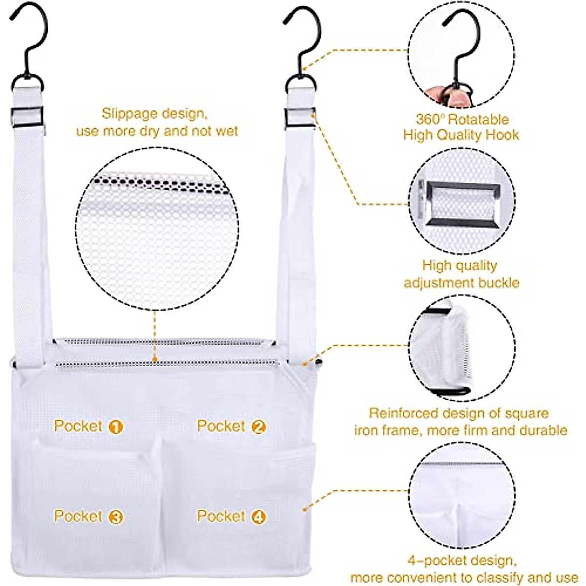 GGMOVE Hanging Mesh Shower Caddy College with Hooks, Bath Baskets Organizer Storage with 4 Pockets for College Dorm Rooms, Gym, Swimming and Travel (White)