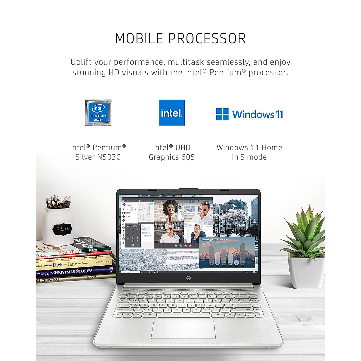 HP 14 inch Laptop, Intel Pentium Silver N5030 Processor, Intel UHD Graphics, 128 GB SSD, Windows Window 11 in S Mode (14-dq0090nr, Natural Silver)