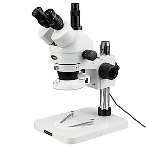 AmScope SM-1TSZZ-144S Professional Trinocular Stereo Zoom Microscope, WH10x and WH20x Eyepieces, 3.5X-180X Magnification, 0.7X-4.5X Zoom Objective, 144-Bulb LED Ring Light, Pillar Stand, 110V-240V, Includes 0.5X and 2.0X Barlow Lenses