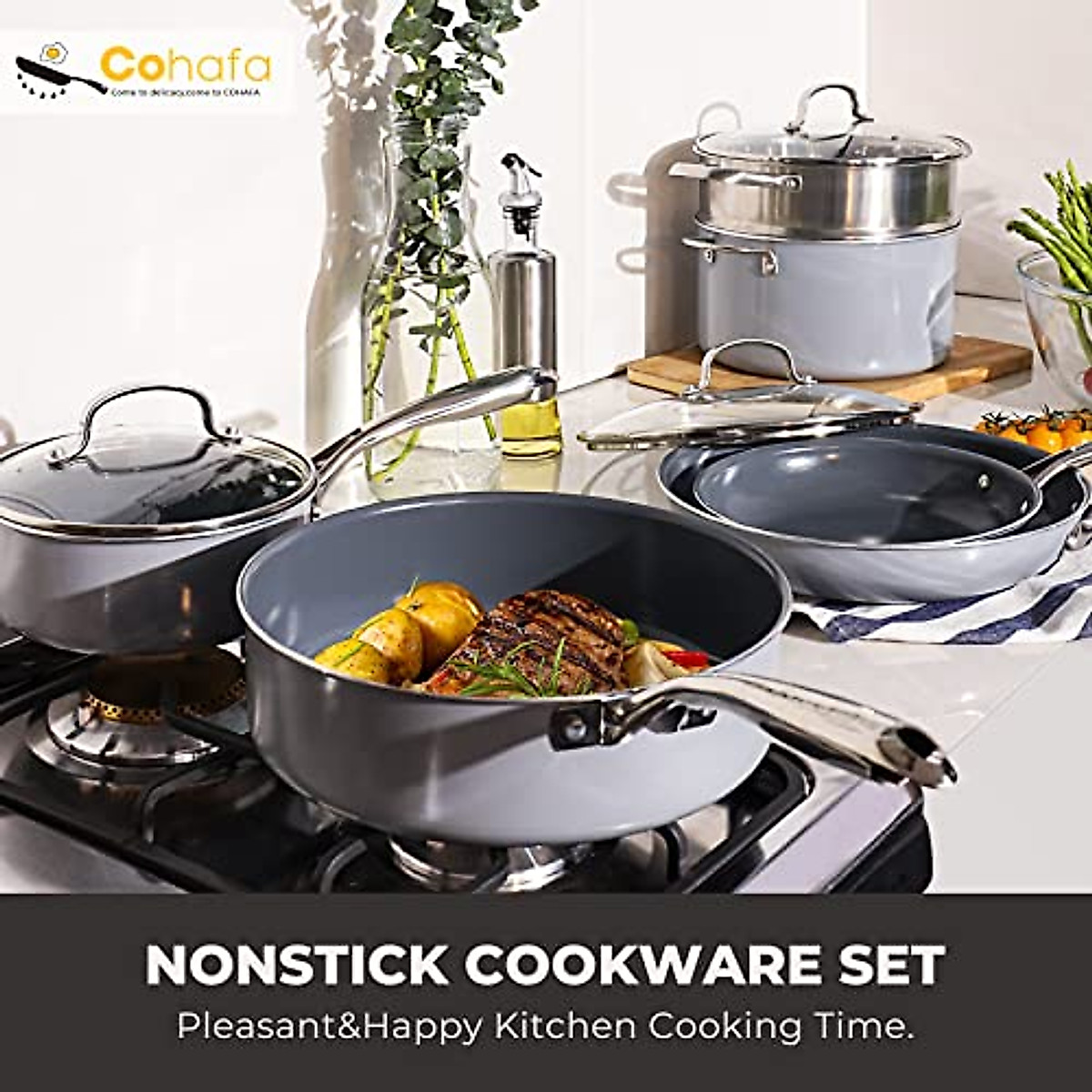 Non-Stick Pots and Pans Set 13pcs Cookware Set, Steamer Basket, Stockpot with Lid, Saucepan with Lid, Fry Pan, Saute Pan for Daily Cooking, Grey