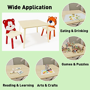 3 Piece Wood Table & Chair Set for Age 2-6 Boy Girl, Wood Activity Table Drawing Play Table Set w/ 2 Animals Chairs for Home, Nursery, Kindergarten, Age 2-6 Boy Girl Activity Table Chair 3 Pieces Set