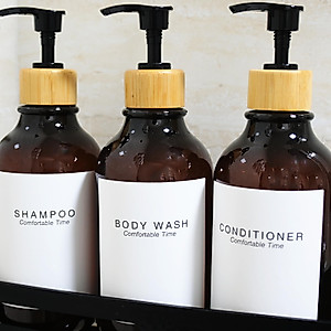 3-Pack Amber Plastic Pump Bottles, BPA-Free Refillable Dispensers for Shampoo, Conditioner, Soap & Oil, Bamboo Pump Head, 16.9oz (500ml)(Amber)