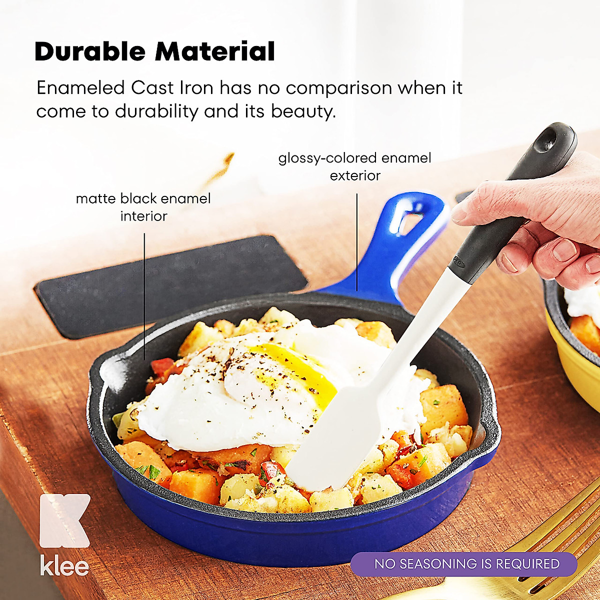 Klee Enameled Cast Iron Skillet, Set of 3 (8-inch, 10-inch, 12-inch) - Multipurpose Cooking Pan with Porcelain Enamel Coating and Pour Spout - Safe for Any Stovetop and Oven Up To 500°F