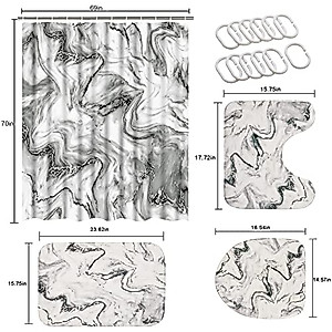 Claswcalor 4 Pcs Grey Marble Shower Curtain Sets with Non-Slip Rug, Toilet Lid Cover and Bath Mat, Abstract White and Gray Shower Curtain with Hooks, Modern Luxury Shower Curtains for Bathroom Decor