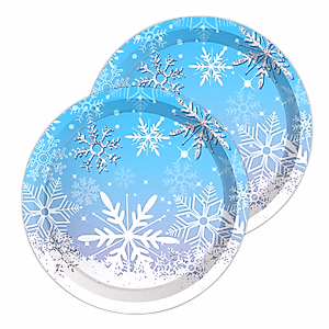 ipalmay Snowflake Party Plates Serves 24, Winter Snow Themed Disposable Paper Plates for Christmas, Holiday Celebration, Baby Shower, Wedding, Bridal Shower, New Year Blue White Party Supply
