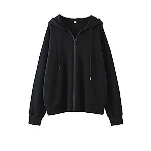 Meladyan Women Oversized Solid Zip Up Hoodie Drawstring Hooded Long Sleeve Fleece Vintage Sweatshirts Jackets Pockets 90s Black
