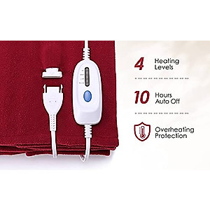Electric Heated Blanket Twin Size 62'' x 84'' Super Cozy Soft Fleece Fast Heating & ETL Certification with 10 Hours Auto-Off & 4 Heating Levels - Red Wine