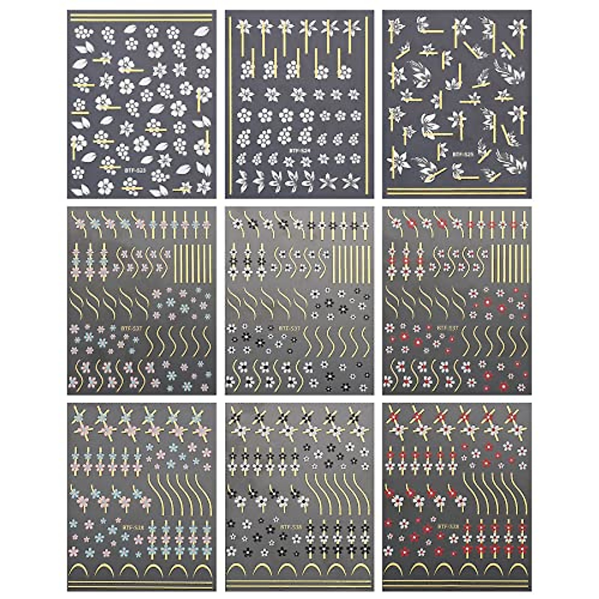 JMEOWIO 9 Sheets Flower Nail Art Stickers Decals Self-Adhesive Pegatinas Uñas Spring Summer Floral Line Nail Supplies Nail Art Design Decoration Accessories