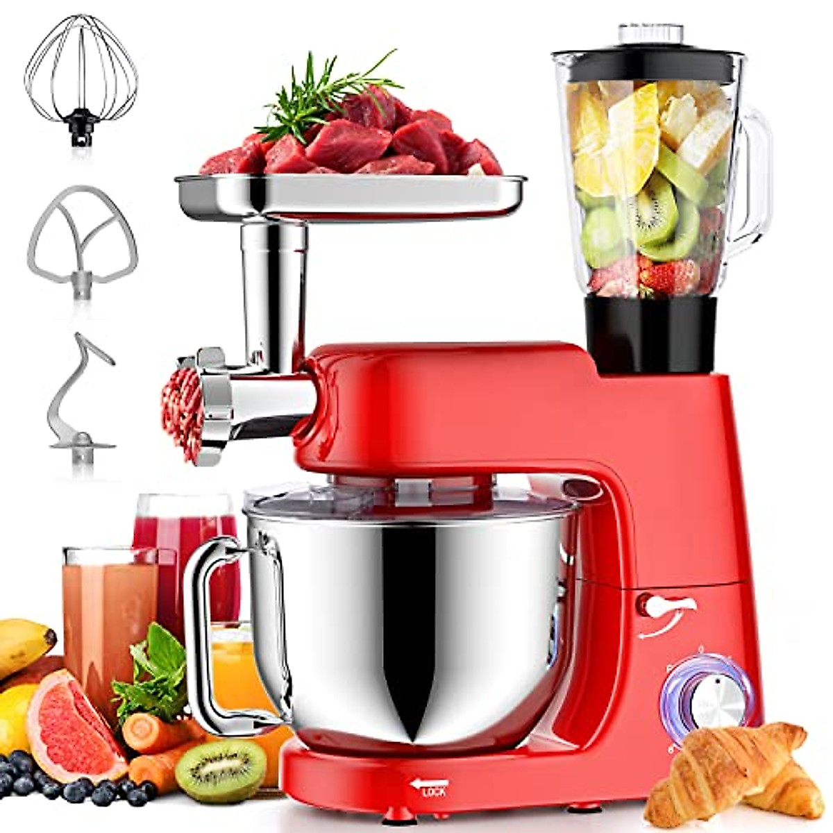 Stand Mixer, 6 IN 1 Multifunctional Electric Kitchen Mixer 660W 6 Speed with 7.4QT Stainless Steel Bowl, 1.5L Glass Jar, Meat Grinder, Dough Hook, Whisk, Beater, Sausage Kit, Food Mixer for Baking