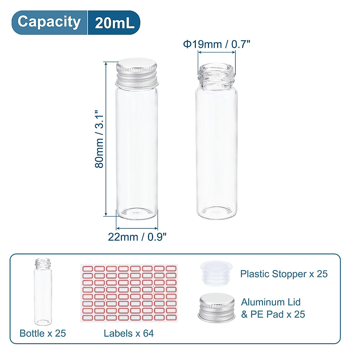 PATIKIL 20ml Clear Glass Vials, 25 Pack Small Liquid Sample Vial with Screw Caps Plastic Stoppers and 64 Labels Leak-Proof Bottles Empty Jars