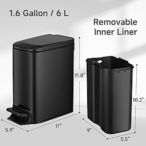 TIPGO Slim Bathroom Trash Can with Lid Soft Close, 6 Liter / 1.6 Gallon Stainless Steel Garbage with Removable Inner Bucket, Small Trash Bins for Bedroom, Office (Matte Black)