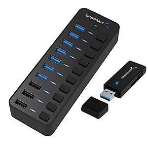 60W 10 Port USB 3.0 Hub Includes 3 Smart Charging Ports with Individual Power Switches and LEDs and 60W 12V/5A Power Adapter+USB 3.0 Micro SD and SD Card Reader