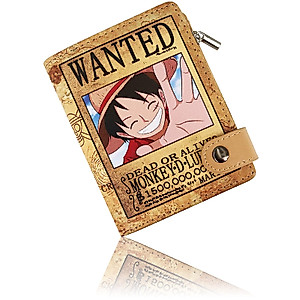 Roffatide Anime Luffy Wallets for Boys Bi-Fold Short Faux Leather Wallet Travel Slim Wallet with Zip Coin Pocket Khaki
