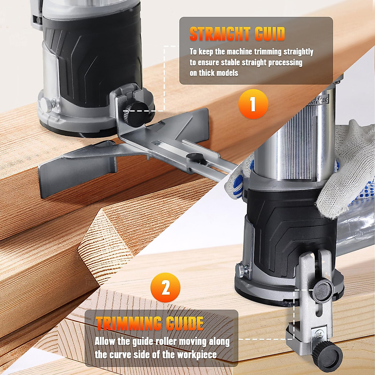 Cordless Compact Router, Mellif Brushless Palm Router Compatible with 20V Battery (Tool Only) 28,000RPM 600W w/Fixed Base, 12PCS 1/4" Router Bits, 5-Speed, Edge & Roller Guides, Dust Hood