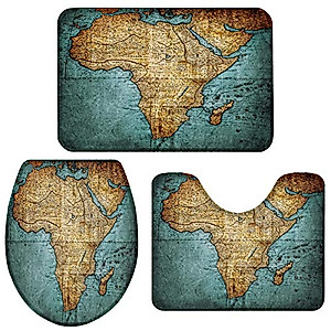 3 Piece Bath Rugs Non-Slip Mat Set Vintage Brown and Green Africa Map Absorbent Carpet Mats Durable Contour Mat and Toilet Seat Cover for Tub Toilet Shower Bathroom