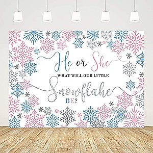 ABLIN 8x6ft Snowflake Gender Reveal Backdrop He or She What Will Our Little Snowflake Be Theme Party Banner Blue Pink Snowflakes Photography Background Decor Photo Booth Props