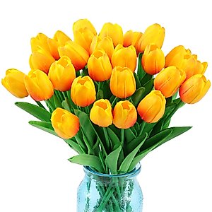 20Pcs Sunset Artificial Tulips Flowers Faux Realistic Tulip Bouquet Real Touch Sunset Flowers for Wedding Party Home Garden Office DIY Floral Arrangement Decor(Sunset)