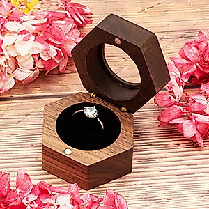 COSISO Hexagon Wooden Ring Gift Box Case for Proposal Engagement,Single Ring Holder Storage Box Jewelry Display (Black Inner)
