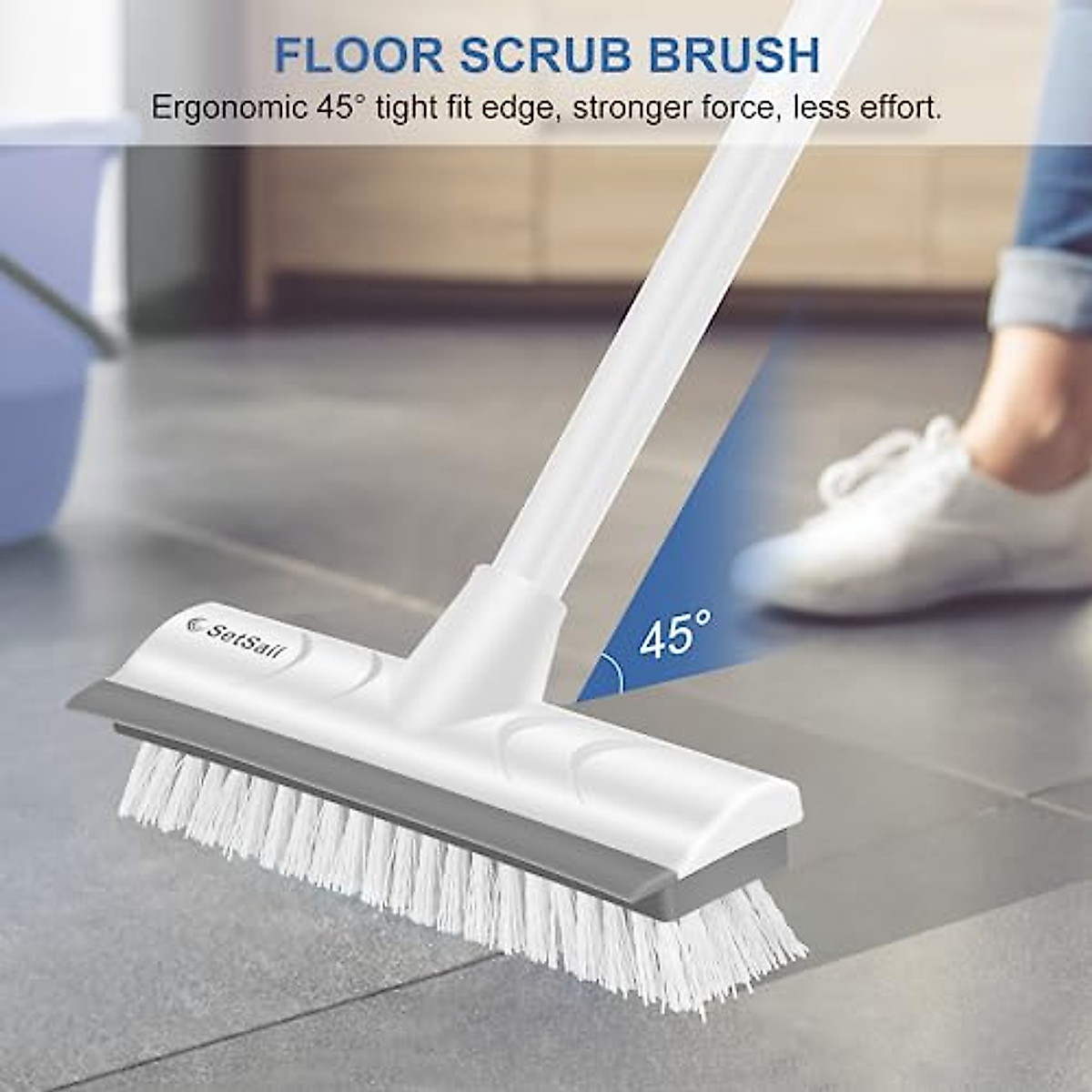 SetSail Floor Scrub Brush with Long Adjustable Handle Heavy-Duty Stiff Bristles Floor Scrubber 2-in-1 Deck Grout Brush for Cleaning Shower Bathroom, Tile, Carpet, Kitchen