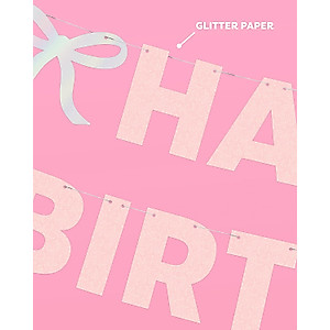 xo, Fetti Happy Birthday Bow Banner Iridescent Foil + Pink Glitter, 5 Ft. | Birthday Party Decoration, Coquette HBD Decor, 21st Bday Supplies, Photobooth Backdrop
