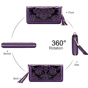 PIJUSHI Leather Wallets For Women Floral Wristlet Wallet Card Holder Purse (91853 Purple)