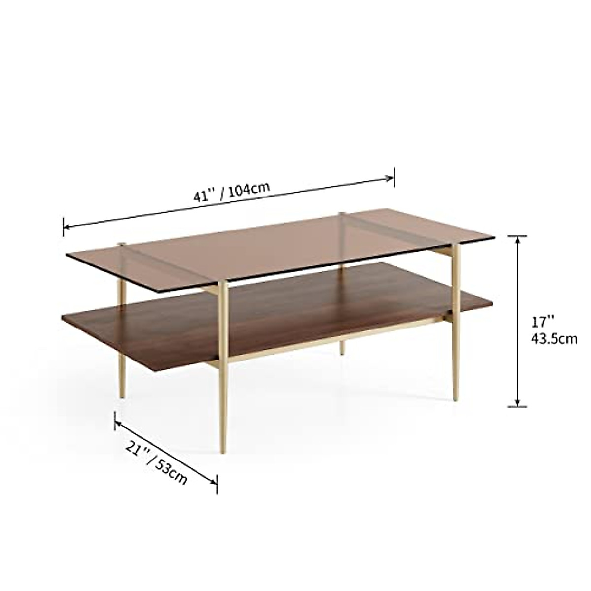 AGV LIGHTING 202206 Tadio Glass Coffee Table, Double Layer Coffee Table for Living Space, Gold Finish Frmae, Coffee Brown Glass Top & Walnut Brown Wood Top