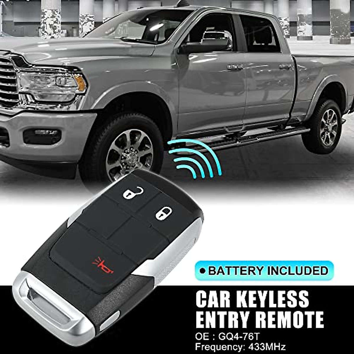 X AUTOHAUX Replacement Keyless Entry Remote Car Key Fob GQ4-76T 433Mhz for Ram 2500 3500 4500 5500 2019 2020 2021 3 Buttons with Door Key