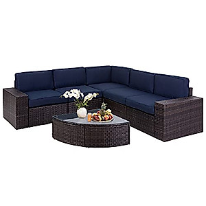 Oakmont Outdoor Patio 6-Piece Furniture Set Durable Frame Premium Rattan Wicker Sectional Sofa with Sector Glass Top Table Thick Dark Blue Cushions, for Backyard
