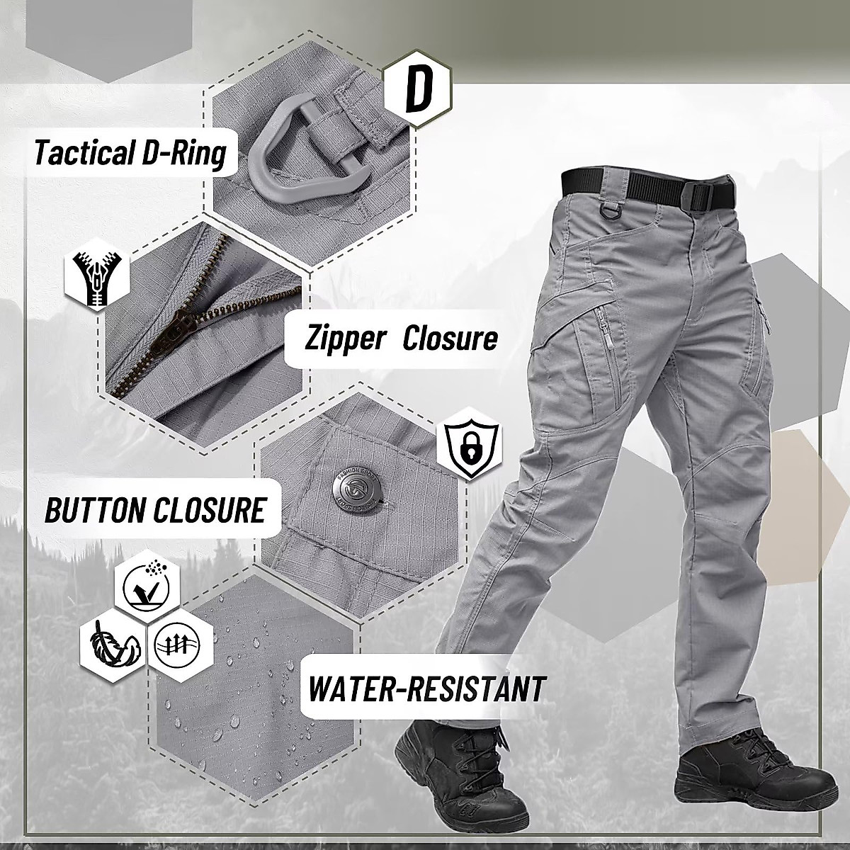 TACVASEN Work Pants for Men Construction Stretch Cargo Pants for Men 9 Pockets Tactical Pants Resistant Quick Dry Hiking Pants Water Lightweight Hunting Gray 30