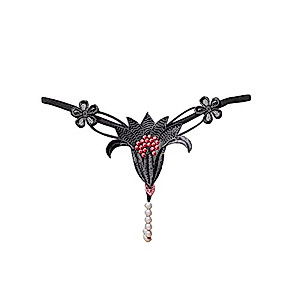 Underwear Women Women's Low Rise Brief Pearls Chain Lightweight Floral Lace G-String T-Back Thong Breathable Hollow Out Solid Color Panties Womens Underwear Black