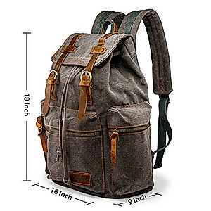 GEARONIC 21L Vintage Canvas Backpack for Men Women Leather Rucksack Knapsack 15 inch Laptop Tote Satchel College Military Army Shoulder Rucksack Hiking Bag-Gray