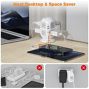 Tower Surge Protector Power Strip 10 ft, TESSAN Long Flat Extension Cord with Multiple Outlets, 8 AC Outlets with 4 USB Ports (1 USB C), Charging Station with Surge Protection, for Home Office Dorm