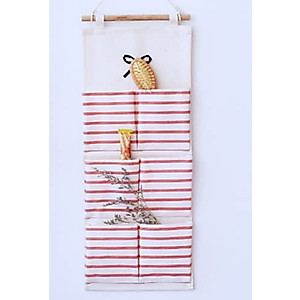 Halyuhn 24 x 10 Inch 6 Pockets Wall Hanging Storage Bag, White Red Striated Waterproof Linen Fabric Organizer with Self Adhesive Hook Wood Bar, Narrow 3-Shelf Over The Door Closet Pockets Chart