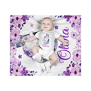 Personalized Cute Purple Elephant Animal Floral Baby Name Blanket Throw Fleece Swaddle Shower Super Soft Blanket Newborn Gifts for Baby Girl Daughter New Kid Bed Couch Sofa Decor