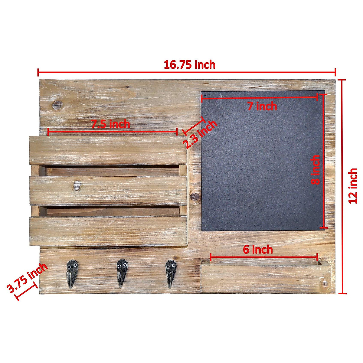 DUCIHBA Key Hooks Holder, Entryway Mail Sorter Envelope Organizer Chalkboard, Leash Purse Hanging Rack, Home Decorative Wall Floating Shelf, 16.5” W x 12" H x 4” D, Rustic Wood Grey