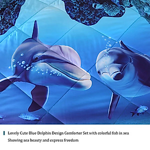 Qucover Dolphin Comforter Set Twin Size 3-Piece Blue Ocean Sea Animall Tropical Fish Comforter Set with 2 Pillowcases for Teen Boys, Twin 59x79 Inches