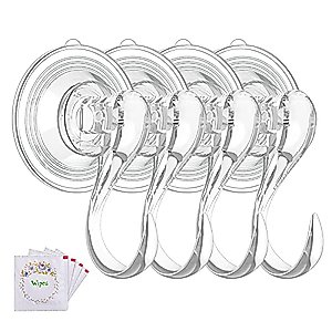 VIS'V Suction Cup Hooks, Small Clear Heavy Duty Vacuum Suction Hooks with Wipes Removable Strong Window Glass Door Kitchen Bathroom Shower Wall Suction Hanger for Towel Loofah Utensils Wreath - 4 Pcs