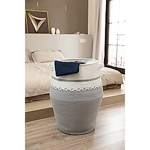 26" x 20" Tall Extra Large Storage Basket with Lid, Cotton Rope Storage Baskets, Woven Laundry Hamper with Cover, Toy Storage Bin, for Toys Blanket in Living Room, Baby Nursery, White/Grey