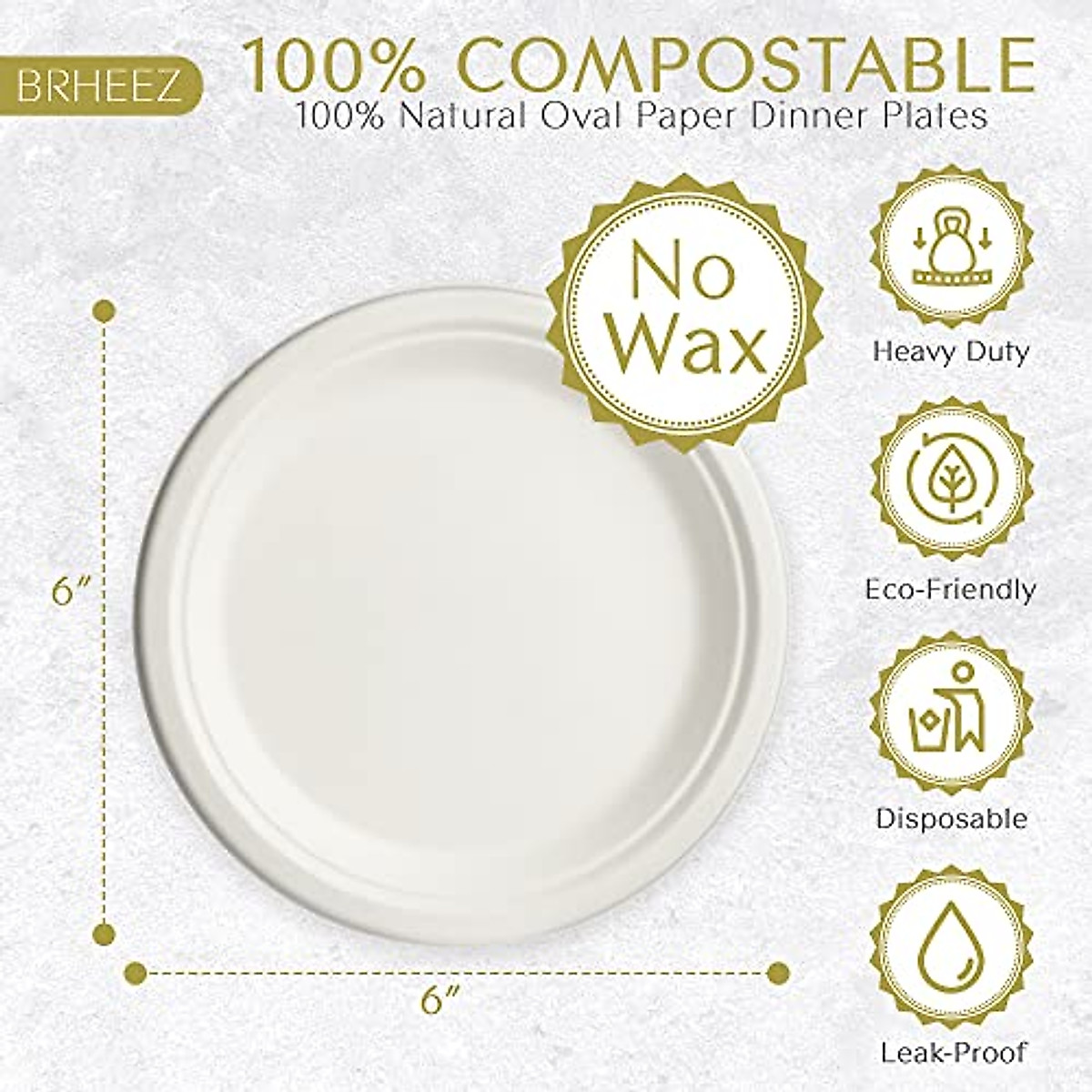 brheez 6 in Disposable Plates Paper Plates Alternative Compostable Plates Heavy Duty [Pack of 60] Eco-Friendly 100% Plant Fiber Biodegradable