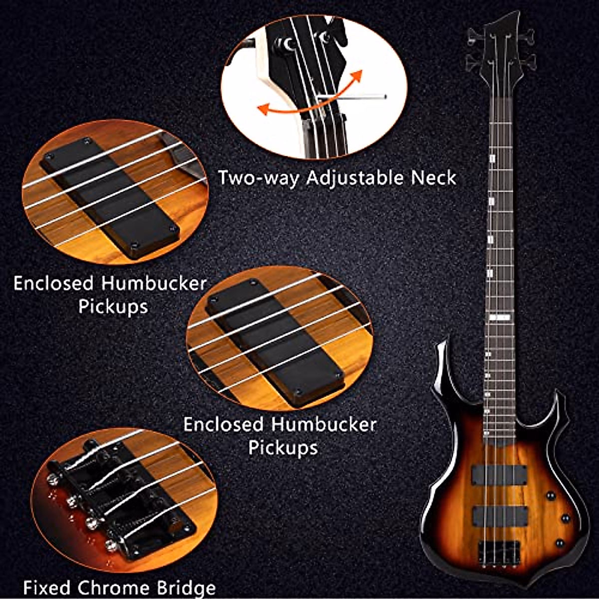 Ktaxon Electric Bass Guitar Full Size Flame Design Bass Set with 20 Watt Amplifier, Portable Bass Bag, Superior Amp Wire, Adjustable Guitar Strap, Plectrum, Wrench Tool(Sunset)